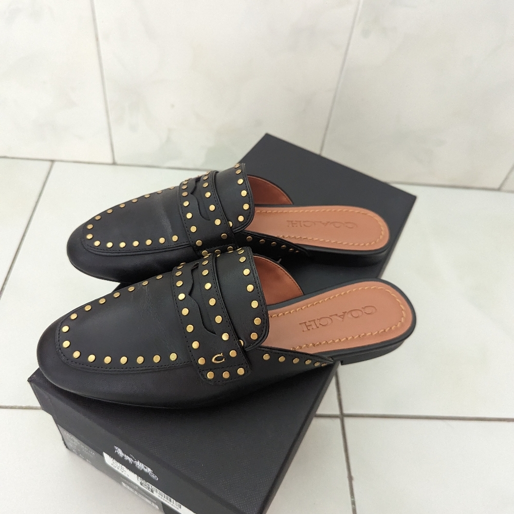Coach Gold Studded Faye Loafer Slides Mules Black - Gem